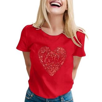 Generic T-shirt graphique &agrave; manches courtes pour la Saint-Valentin 2026 pour femme avec imprim&eacute; coeur, Rouge, S