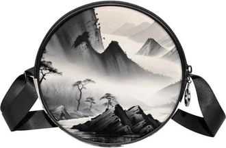 Generic Petit sac &agrave; bandouli&egrave;re rond pour femme, peinture &agrave; lencre avec fermeture &eacute;clair, bretelles r&eacute;glables, sac &agrave; main rond d&eacute;contract&eacute; pour femmes et fill