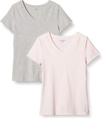 Amazon Essentials Damen T-Shirt Regular Fit mit kurzen Ärmeln und V-Ausschnitt, 2er-Pack, Hellrosa/Hellgrau Meliert, XXL