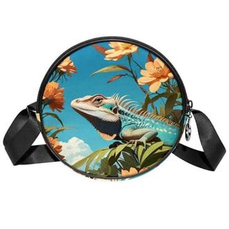 Generic Petit sac &agrave; bandouli&egrave;re circulaire pour femme, motif l&eacute;zard fleur, sac &agrave; dos &agrave; bandouli&egrave;re avec fermeture &eacute;clair, bretelles r&eacute;glables, sac &agrave; main rond