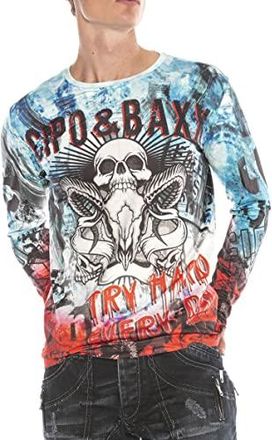 Cipo & Baxx Sweat-shirt &agrave; manches longues pour homme Motif t&ecirc;te de mort - Bleu - Medium