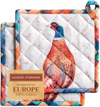 Maison d'Hermine Faisan dautomne - Lot de 2 maniques 100% Coton avec Boucle r&eacute;sistante &agrave; la Chaleur pour Barbecue, Cuisson, Gril, Micro-Ondes, Barbecue, Thanksgiving/N