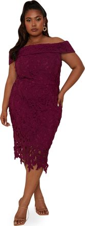 Chi Chi London Damen &Uuml;bergr&ouml;&szlig;e, One-Shoulder-H&auml;kel-Midi-Kleid in Berry Cocktailkleid, Beere, 48 Plus