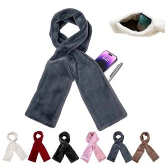 Generic Faux Fur Scarf with Hidden Zipper Pocket for Women Men,Soft Cozy Warm Pocket Scarf for Hands-Free Storage Phone,Valuables (Gray, One Size)