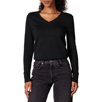 Amazon Essentials Damen Leichter Langarm-Pullover Mit V-Ausschnitt, 100% Baumwolle, Schwarz, L