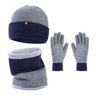 Generic Ensemble &eacute;charpe et chapeau pour homme - Gants chauds tricot&eacute;s - Bonnet trois &eacute;charpes en laine - R&eacute;versible - Protection des oreilles - Costume dhive