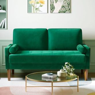 Vesgantti Petit Canapé 2 Places Vert, Canapé en Velours 121cm avec Coussin à Ressorts, Mini Chambre avec Accoudoirs, Causeuse de Salon Moderne, Causeuse Fixe 2 