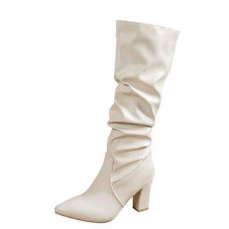 Generic Bottes Hautes Femme &agrave; Talon Bloc Cuir PU Pliss&eacute; Bottes Tendance dHiver Bout Pointu &Agrave; Talons Hauts Chic et Elegant Chaussures L&eacute;g&egrave;res D&eacute;contract&eacute;e 39