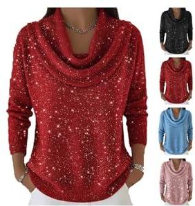 Generic Pull doux et &eacute;l&eacute;gant &agrave; col volant&eacute; de couleur unie pour femme, pull &agrave; manches longues et col b&eacute;nitier, Rouge paillet&eacute;, 3XL