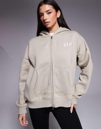 KAIIA Sweat &agrave; capuche zipp&eacute; en coton m&eacute;lang&eacute; avec logo - Taupe-Neutre