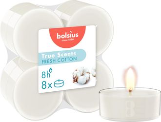 Bolsius Bolsius True Scents - 8 Teelichter Maxi Duft - Fresh Cotton - Lange Brenndauer von 8 Stunden - Kerze f&uuml;r den Innenbereich - Nat&uuml;rliche Extrakte - Vega