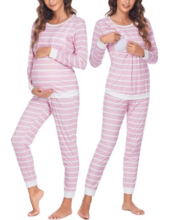Ekouaer Still Pyjama Damen Langarm Umstands Schlafanzug Winter Zweiteiliges Nachtwäsche Umstandspyjama Set mit Rundhals, Rosa, S