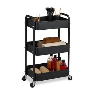 Relaxdays Rollwagen, 3 Etagen, Servierwagen, Küchenwagen Bad & Büro, Rollregal, 71,5x43,5x29,5 cm, Bastelwagen, schwarz