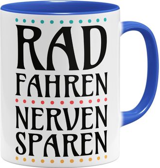 OM3 Radfahren Nerven sparen Kaffee-Tasse mit Spruch - Lustige Spruchtasse f&uuml;r Fahrradfahrer - Keramik Becher - 325ml - Beidseitig Bedruckt - Blau