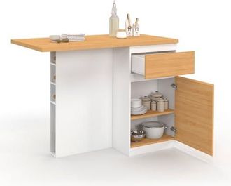 IDMarket Ilot Central Tino 120 cm avec Range-Bouteilles 4 Personnes Bois Blanc avec Plan de Travail fa&ccedil;on h&ecirc;tre