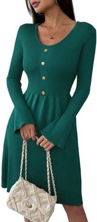 Zeagoo Robe en tricot pour femme - Manches longues - Col en V - Robe pull &eacute;l&eacute;gante - Robe dhiver unie - Robe midi avec manches trompette, Bleu et vert., S
