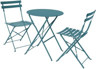 Sweeek Table de jardin bistrot pliante métal + 2 assises bleu canard Ø60 x 70cm. acier thermolaqué