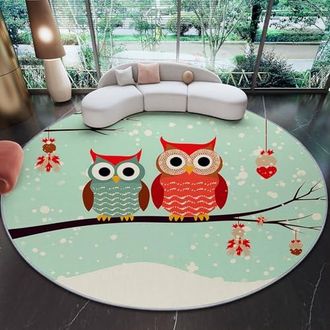 Generic 160 cm Tapis Rond pour Salon, Motif Hiver Dessin Anim&eacute; Oiseaux - Antid&eacute;rapant &agrave; Poils Courts Doux Chambre - Vert Clair pour entr&eacute;e Chambre &agrave; Coucher C