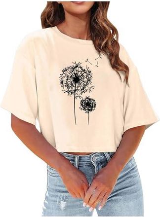 Generic Haut court &agrave; manches courtes pour femme &agrave; col rond 2025 - D&eacute;contract&eacute; - Demi-chemises de sortie - Coupe ample - Tendance - Joli t-shirt d&eacute;t&eacute;, beige, X