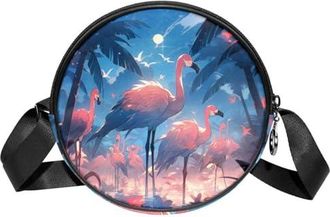 Generic Sac &agrave; bandouli&egrave;re rond pour femme, motif flamants roses, petit sac &agrave; bandouli&egrave;re avec fermeture &eacute;clair, bretelles r&eacute;glables, sac &agrave; main rond d&eacute;contrac