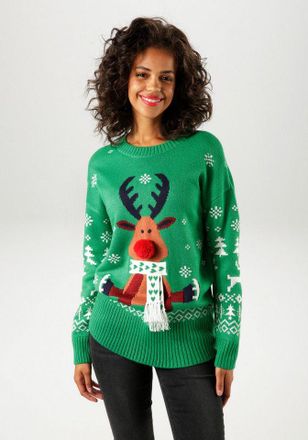 Aniston Weihnachtspullover mit Bommel-Nase und Fransenschal
