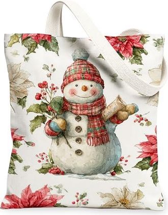 Generic Sacs fourre-tout en toile motif bonhomme de neige, sacs d&eacute;picerie r&eacute;utilisables, mignons pour lhiver, l&eacute;gers et lavables avec bandouli&egrave;re, Blanc, 13x1