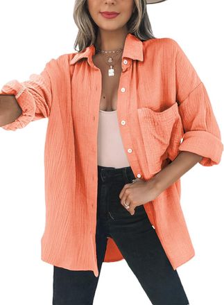 Dokotoo Bluse Damen Musselin Langarmshirt Baumwolle L&auml;ssig Oberteile Hemd Langarm Einfarbig Blusen Shirts Knopfleiste Tops Hemdjacke Orange 2XL