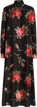 Dolce & Gabbana Femme, Robes, Noir, Taille: 40 FR Rose Bouquet-Print Long Twill Dress