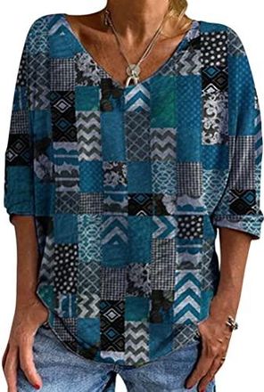 Onsoyours Femme Vintage Imprimé Chic Col en V 3/4 Manches Shirts Élégant Imprimé Tops Blouse Mode Casual Loose Tunique Tops Hauts T-Shirts K Bleu XL