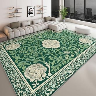 Generic Tapis Vert Fonc&eacute; Lavable pour Salon, Tapis &agrave; Poils Courts Antid&eacute;rapant R&eacute;tro Art Fleurs Vignes pour Enfants Bureau Salle &agrave; Manger Cuisine et Chambre d