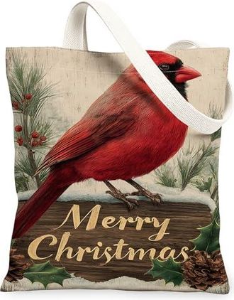 Generic Sacs fourre-tout en toile cardinal de No&euml;l, motif oiseau rustique, sacs d&eacute;picerie r&eacute;utilisables, l&eacute;gers et lavables pour voyage, pique-nique, 33 x 38 
