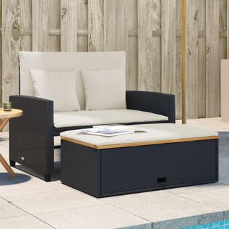Festnight Gartensofa mit Kissen 2-Sitzer Outdoor Sofa mit Hocker mit Staufach, Couch mit abnehmbarm Bezug, Gartebm&ouml;bel Gartengarnitur Schwarz Poly Rattan&Akazie