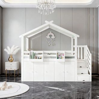 Generic Etagenbett 90x200 cm in Weiß+Grün | Kinderbett mit Fallschutzgitter & Kleiderschrank | 2 Schließfächer + 3 Treppenschließfächer | Gestreifter Stoff & 