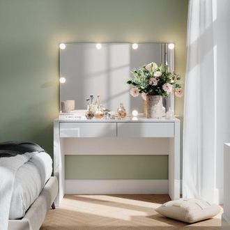 Vicco Schminktisch Annabelle, Wei&szlig; Hochglanz/Wei&szlig;, 110 cm mit Spiegel und Lampen Vicco