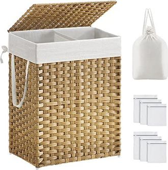 Songmics Wäschekorb mit Deckel, Wäschesammler 90 Liter, 2 Fächer, herausnehmbarer Wäschesack mit Griffen, handgeflochten, für Schlafzimmer, Badezimmer, 33 x 46