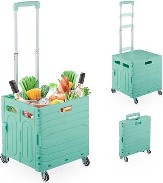 Relaxdays Einkaufstrolley, klappbar, Einkaufskorb mit Rollen, Deckel & Teleskopgriff, bis 35 kg, Klapptrolley, t&uuml;rkis