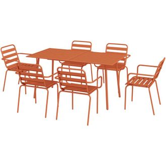 OUTSUNNY Salon de jardin 6 places 7 pi&egrave;ces - table &agrave; manger 6 chaises empilables - acier thermolaqu&eacute; terre battue