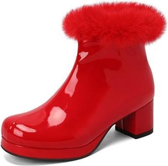 Generic Bottines dhiver en cuir synth&eacute;tique verni avec fermeture &eacute;clair lat&eacute;rale et bordure en fausse fourrure pour femme - Confortables &agrave; bout rond et talon 