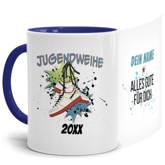Tassendruck Personalisierte Jugendweihe-Tasse mit Jahr und Name - Turnschuhe - Jugendweihe Geschenk mit Name personalisiert, Namenstassen | 300 ml, Innen & Henkel