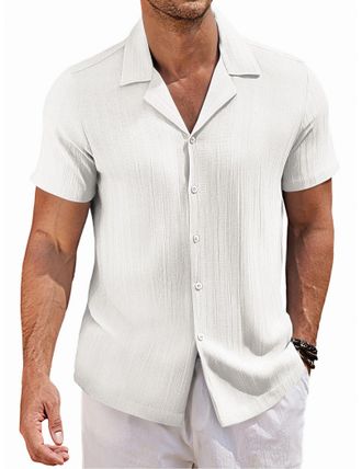 Coofandy Herren Kurzarm Hemd Kubanischer Hemden Leichtes Sommerhemd Wellenstreifen M&auml;nner Hawaiihemd Freizeithemd Regular Fit Wei&szlig; L