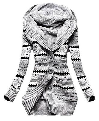 Minetom Femme Hiver Toison Tricot&eacute; Bouton Pulls V&ecirc;tements Cardigan Tunique Sweats &agrave; Capuche Tricots Manteaux Gris FR 44