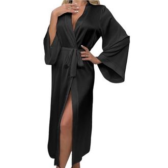 Generic Peignoir Femme Satin Longue Douce Cardigan Élégant Sexy Uni Léger Ceinture Moderne Décontracté