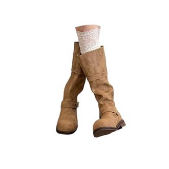 ORANDESIGNE Bottes Hautes Femme Similicuir Style Western Boucles D&eacute;coratives Talon Plat Confort Vintage Automne Hiver Chaussures Mode A Cachi 39 EU