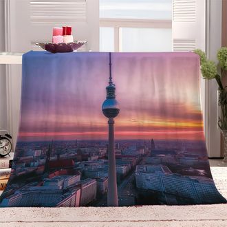 Generic Berliner Fernsehturm Sonnenuntergangsstadt Kuscheldecke Orange Farbe Flauschig Decke Fleecedecke, Sofa Überwurfdecke, Wohndecke Warm Weich Sherpa Woll