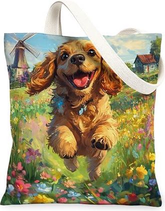 Generic Sac fourre-tout en toile r&eacute;utilisable pour le shopping, 33 x 38 cm, motif chien cocker am&eacute;ricain de printemps, sac d&eacute;picerie r&eacute;utilisable pour femme, 