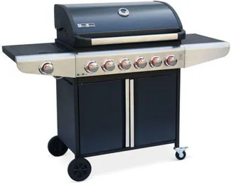 Alice's Garden Barbecue au gaz - Bazin 6 Gris anthracite - Cuisine ext&eacute;rieure 6 br&ucirc;leurs dont 1 feu lat&eacute;ral avec tablettes et thermom&egrave;tre. rangement. roues
