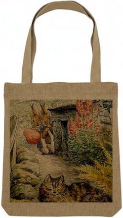 Fabulous Sac Shopping Tote Bag Aspect Lin - Petter Rabbit Et Le Chat Illustration Enfant Beatrice Potter - Sac de Courses Toile Epaisse 360g Beige Naturel Caba