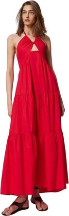 Twinset Femme, Robes, Rouge, Taille: 42 FR Vestido Largo Popelina Volantes