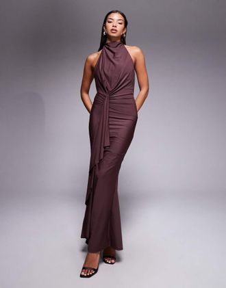 Asos Figurformendes, hochgeschlossenes Jersey-Maxikleid in Braun mit Drapierung und R&uuml;schen-Brown