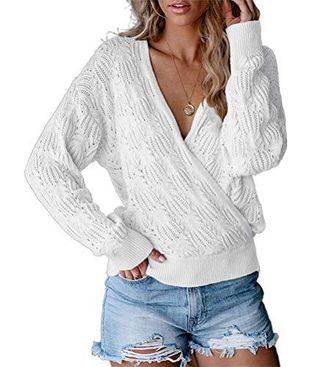 TOMWELL Pull Femme Col V Pullover Chandail Manches Longues Couleur Unie D&eacute;contract&eacute; Sweater Mode Traverser Tricot&eacute; Haut Blouse Automne Hiver Blanc XL